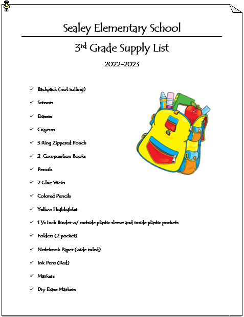 School Supply Lists / Third Grade